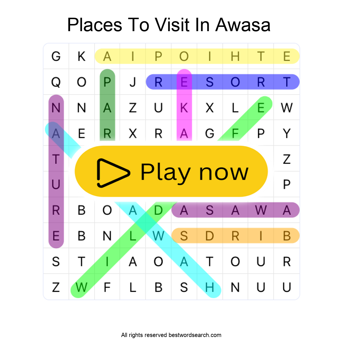 Places to Visit in Awasa | Places to visit Word Search