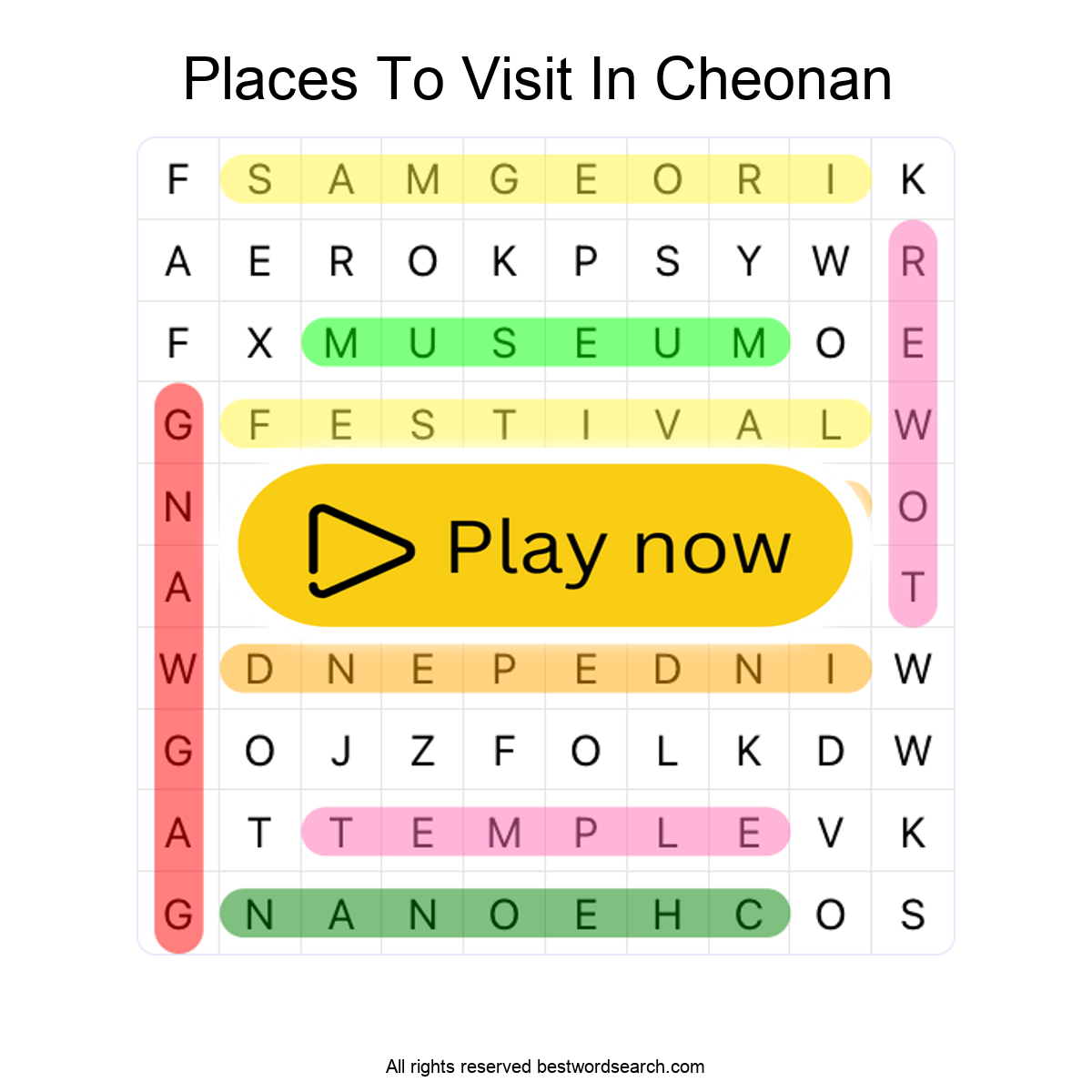 Places to Visit in Cheonan | Places to visit Word Search