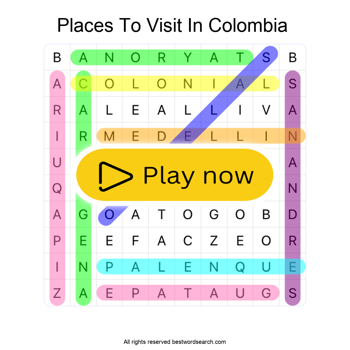 Places to Visit in Colombia | Places to visit Word Search