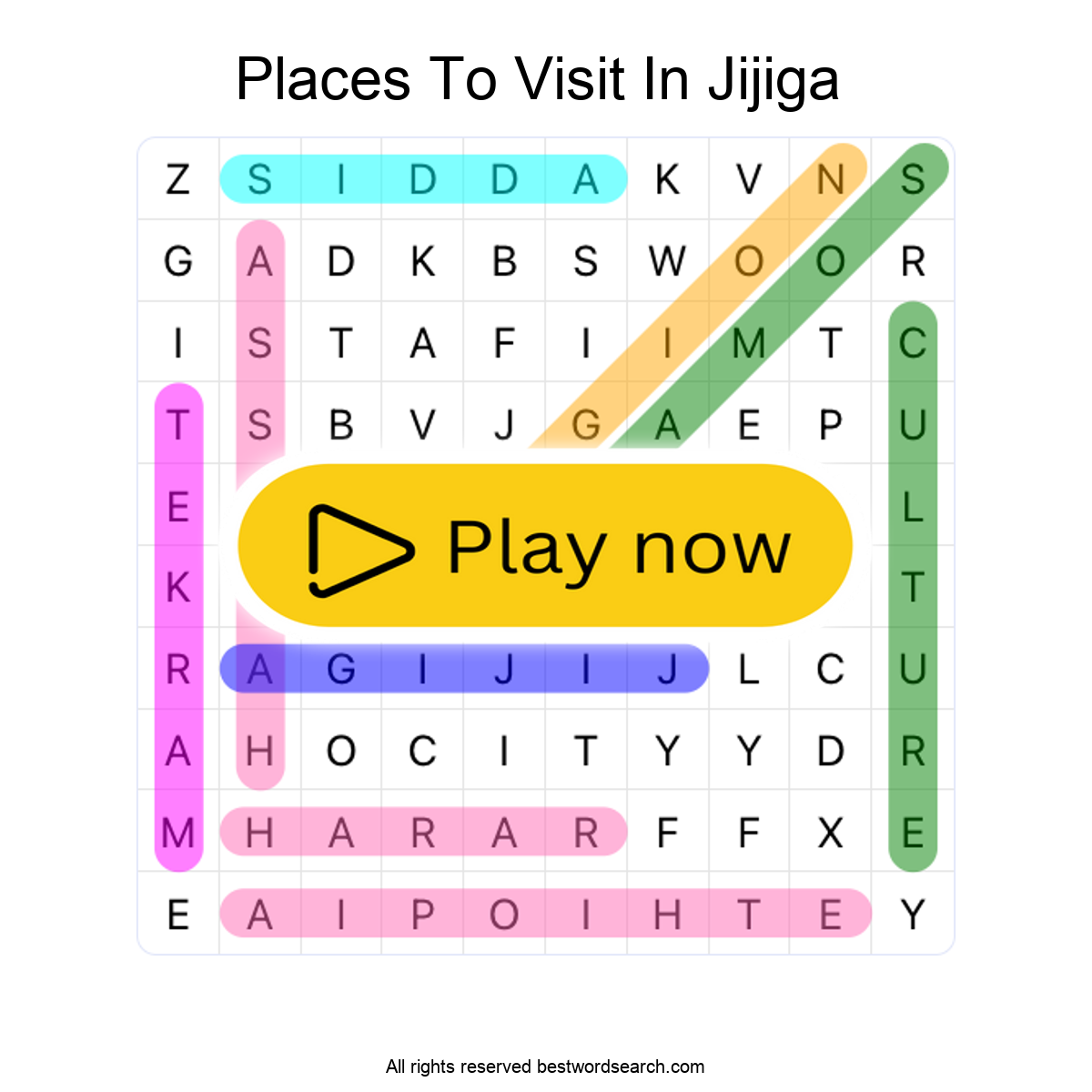 Places to Visit in Jijiga | Places to visit Word Search