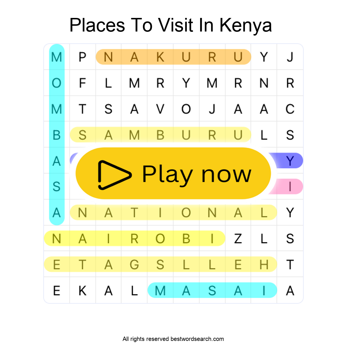 Places to Visit in Kenya | Places to visit Word Search