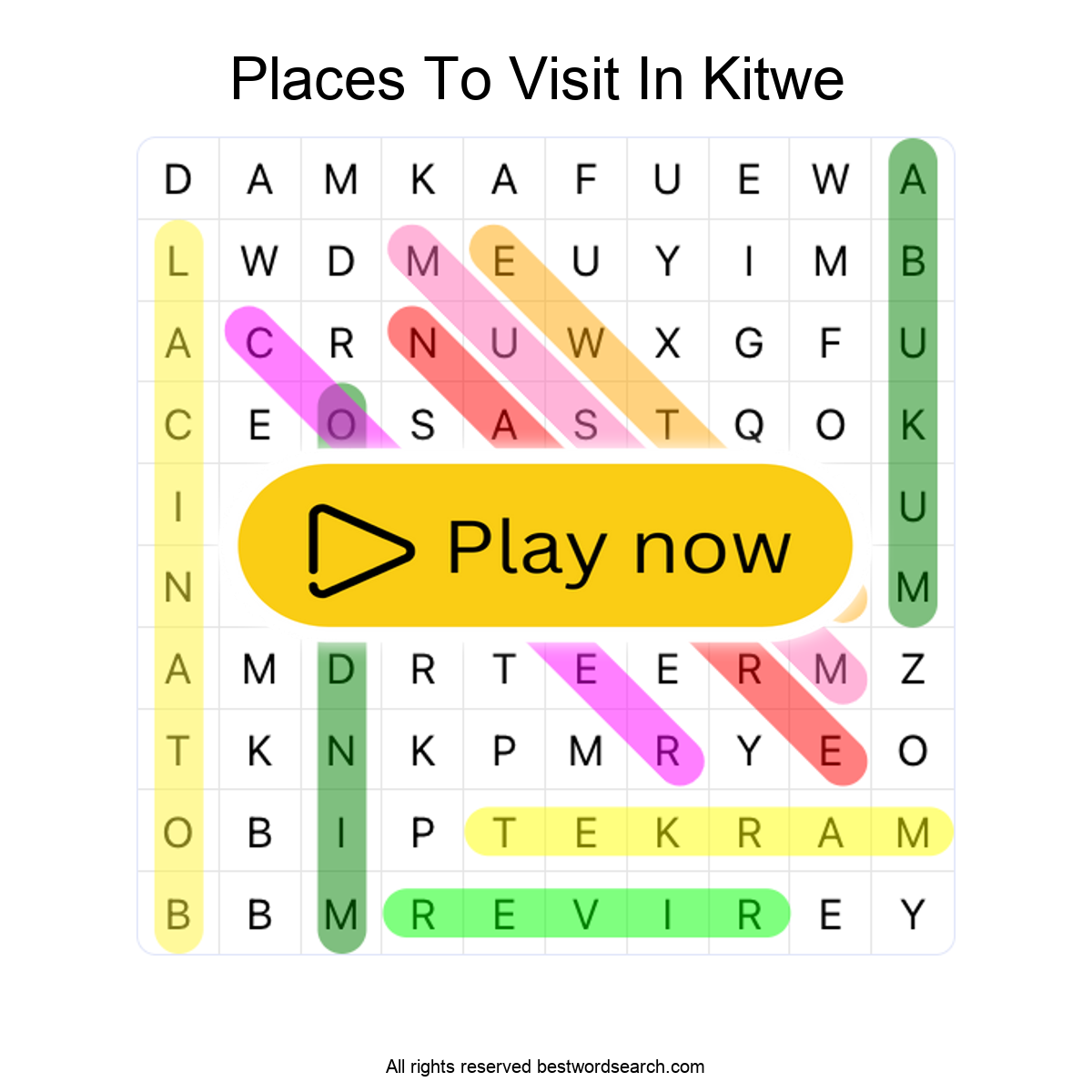 Places to Visit in Kitwe | Places to visit Word Search
