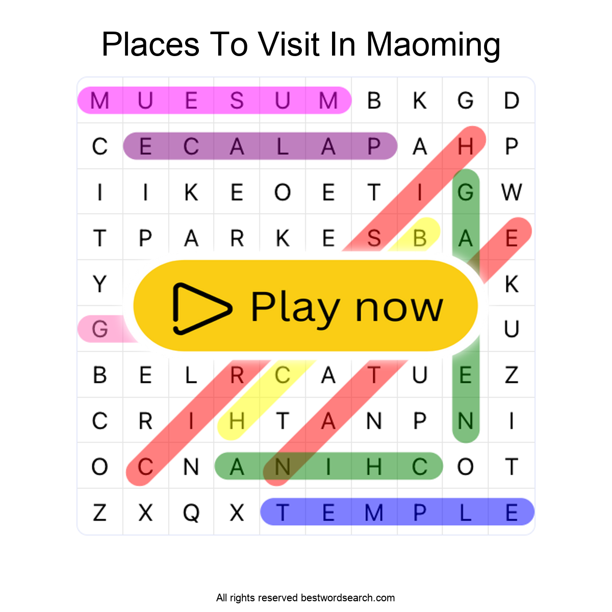 Places to Visit in Maoming | Places to visit Word Search