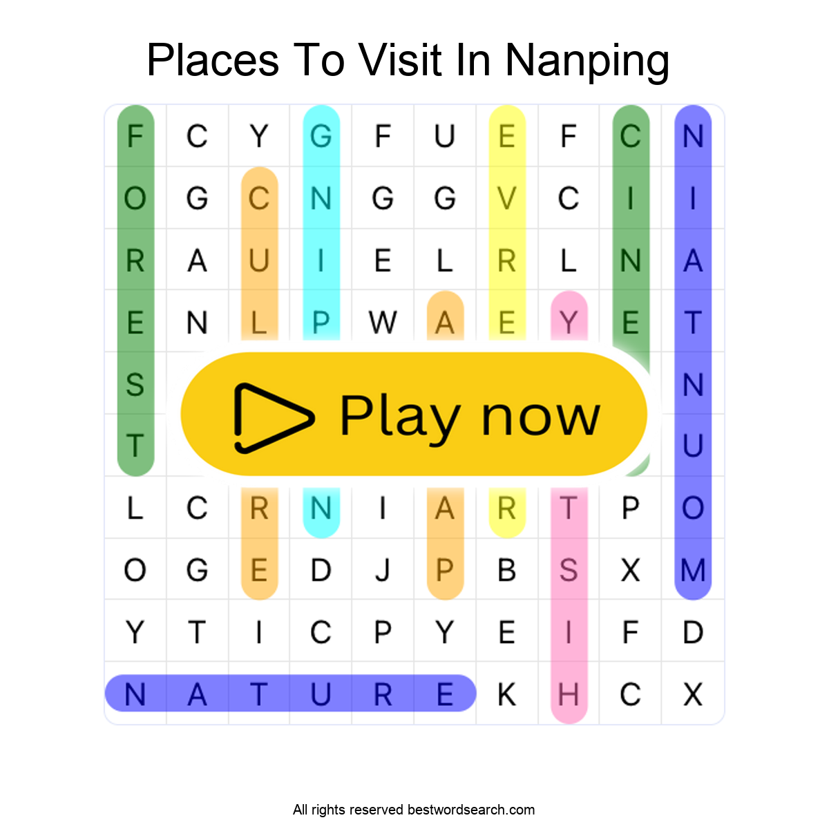 Places to Visit in Nanping | Places to visit Word Search