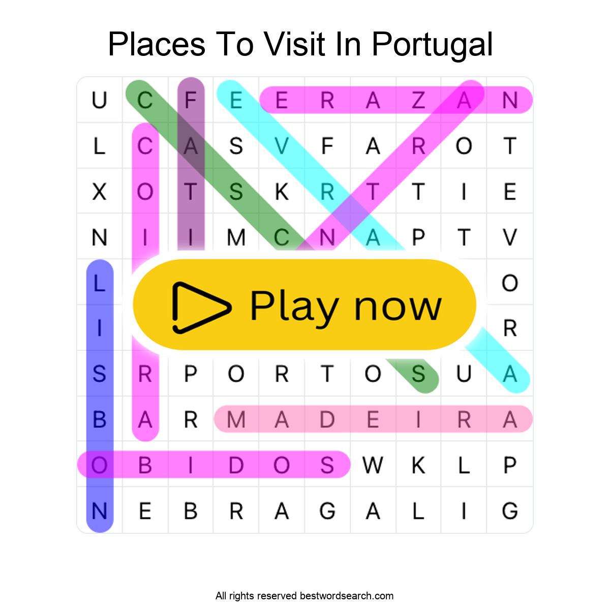 Places to Visit in Portugal | Places to visit Word Search