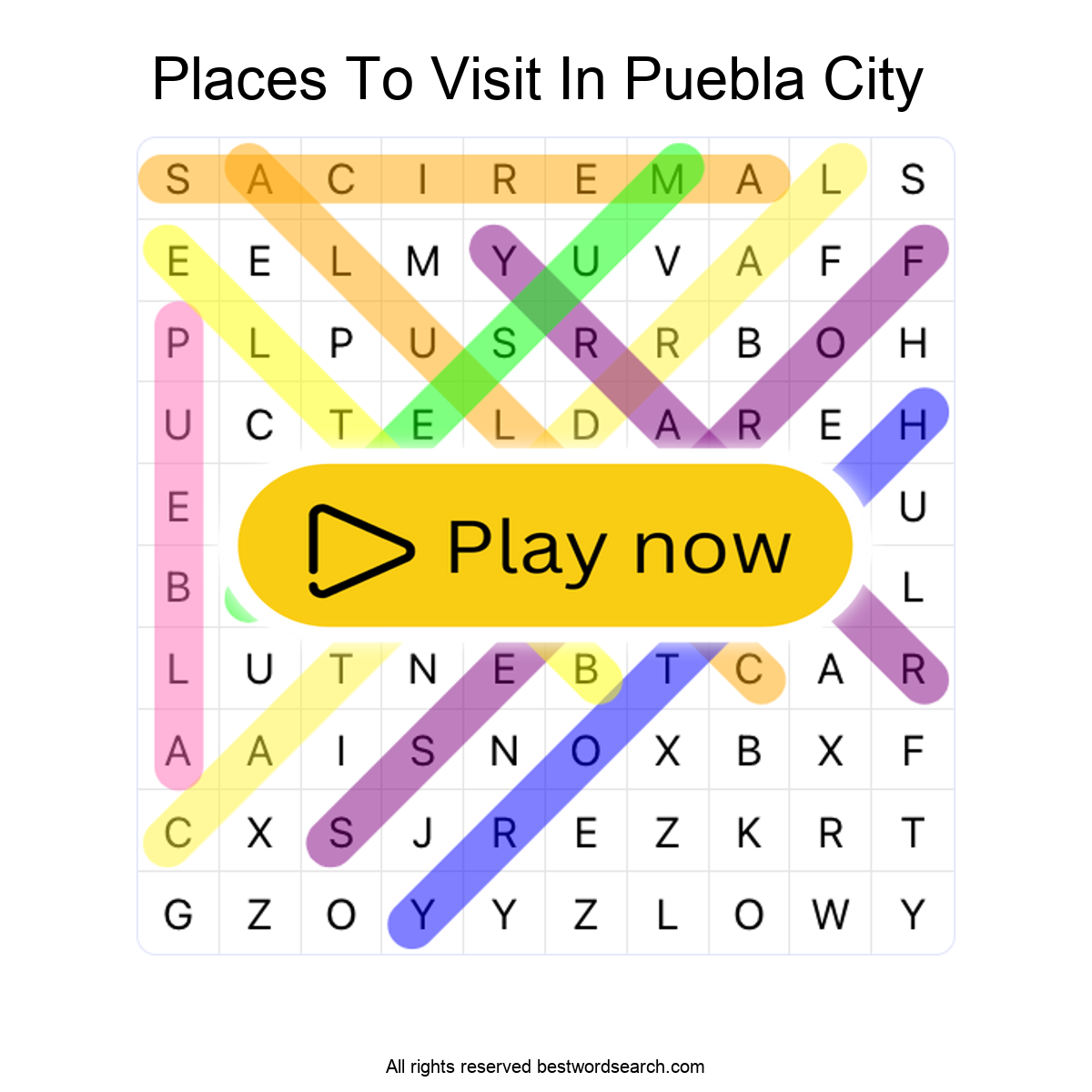 Places to Visit in Puebla City | Places to visit Word Search