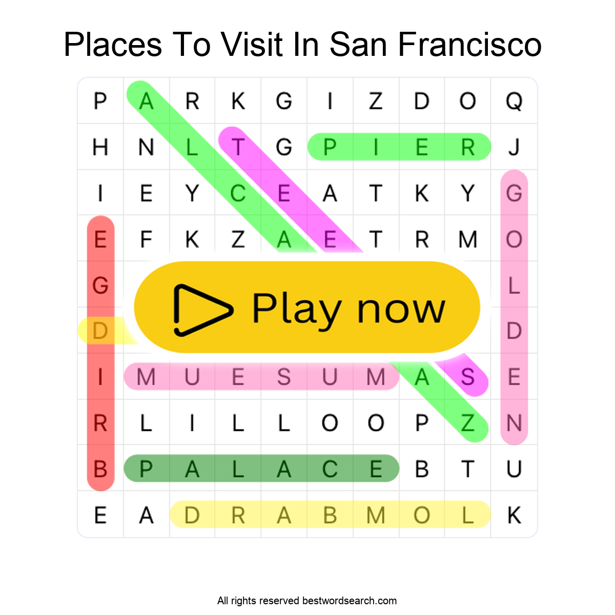Places to Visit in San Francisco | Places to visit Word Search