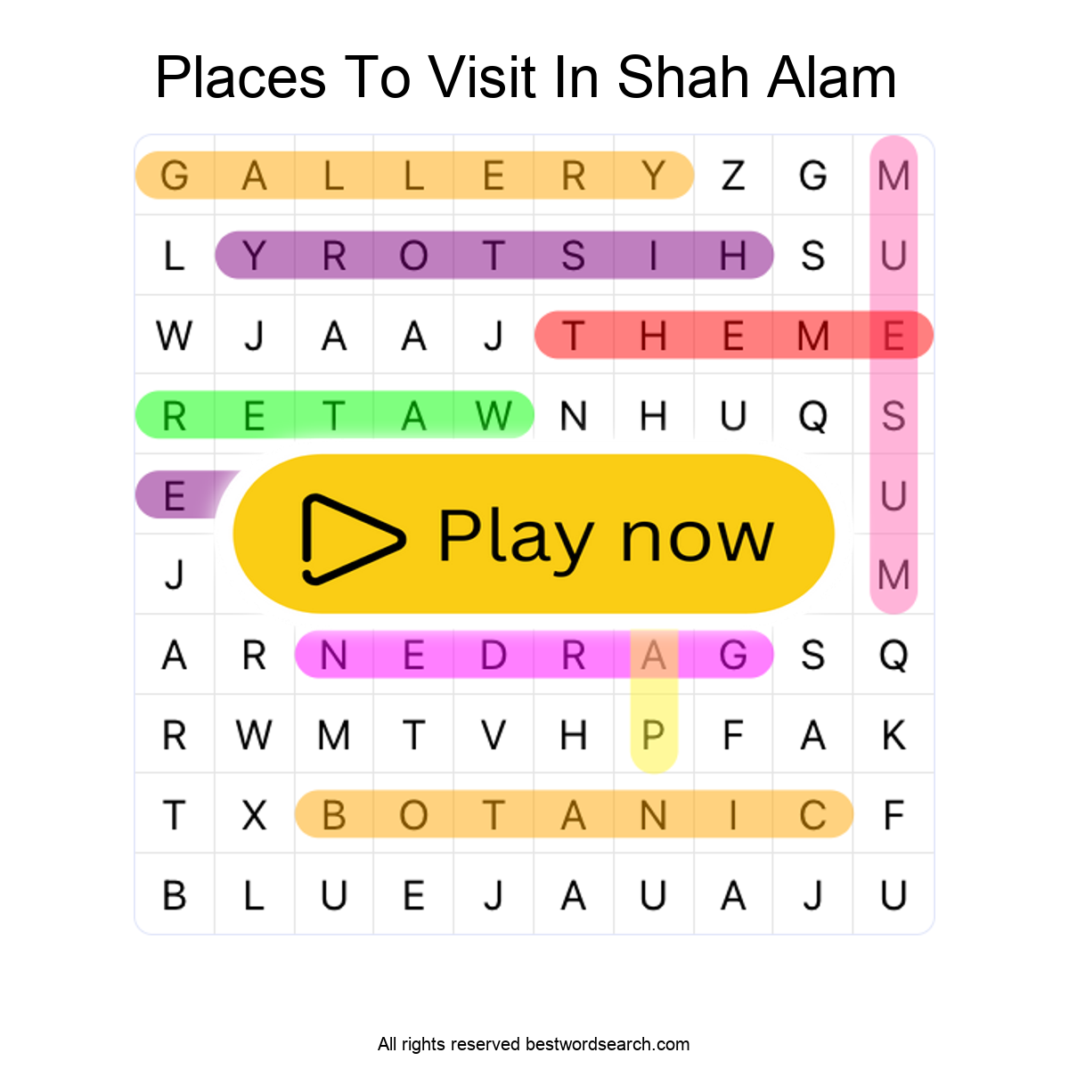 Places to Visit in Shah Alam | Places to visit Word Search