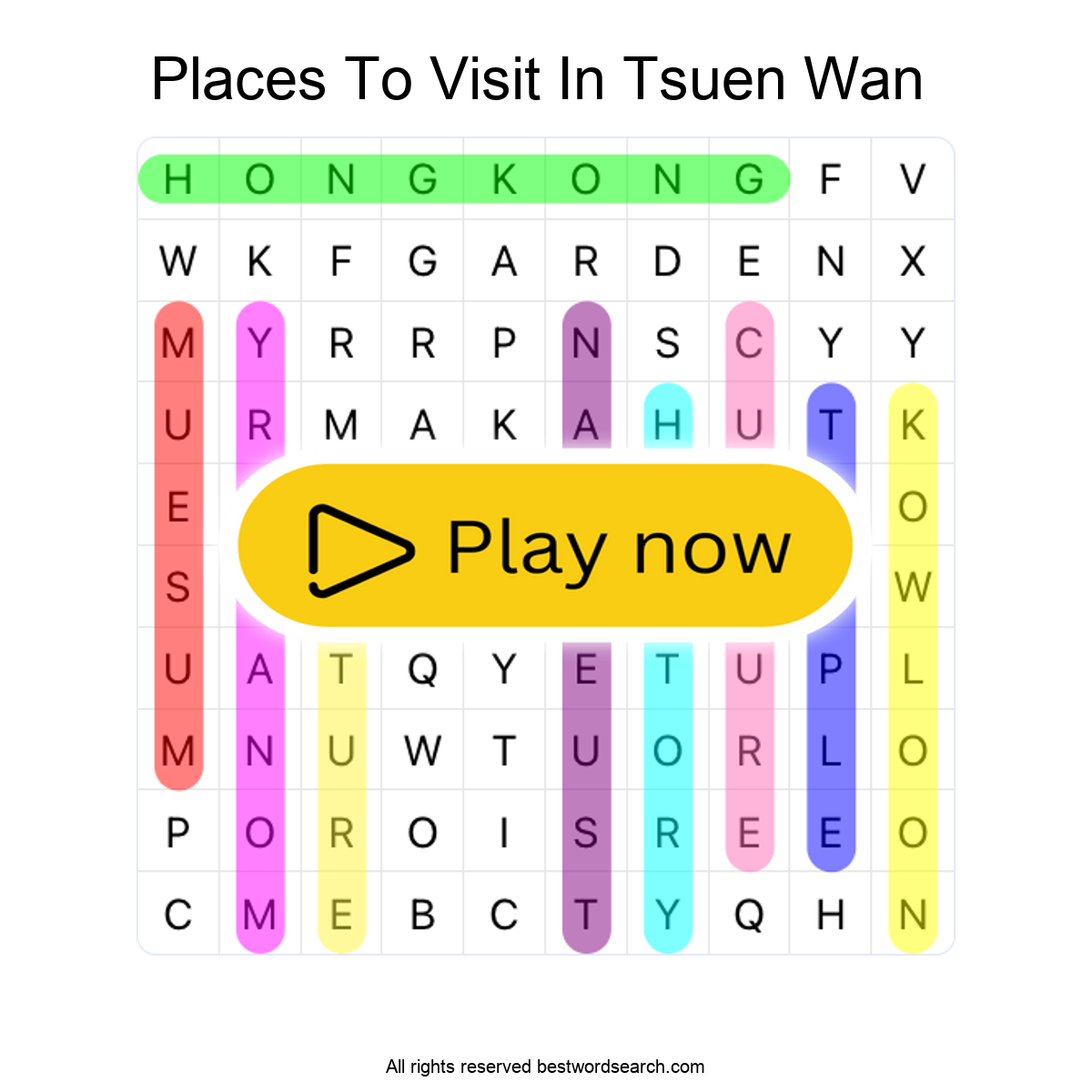 Places to Visit in Tsuen Wan | Places to visit Word Search